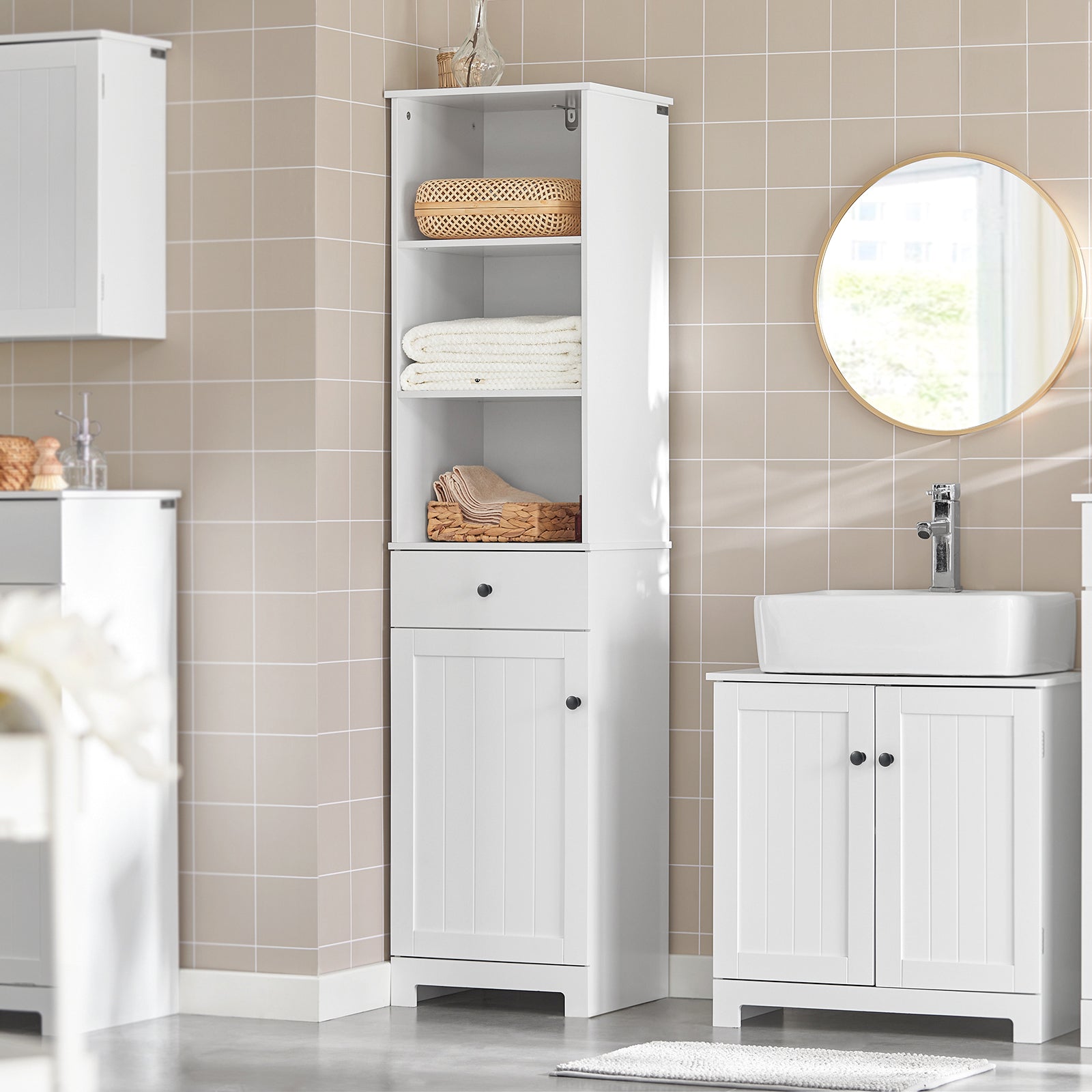 Haotian Tall Bathroom Cabinet with 3 Shelves, BZR17-W– haotiangroup